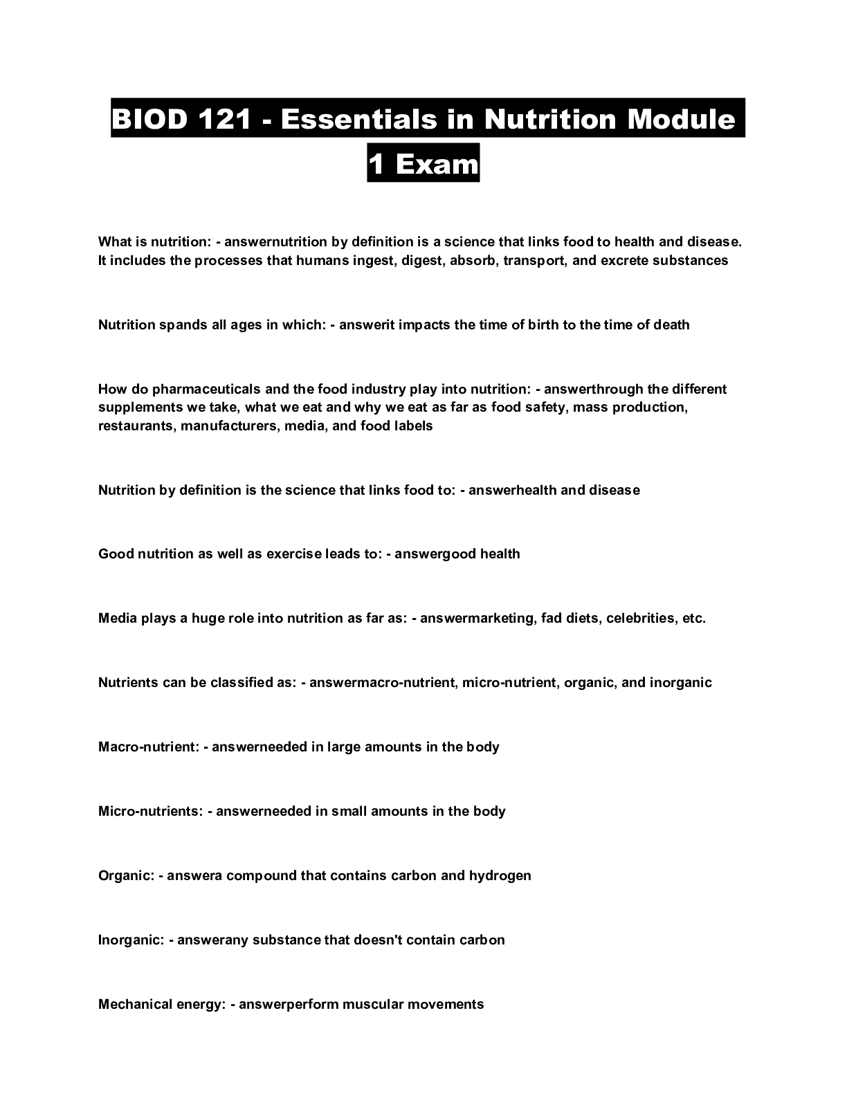 BIOD 121 - Essentials in Nutrition Module 1 Exam - Scholarfriends